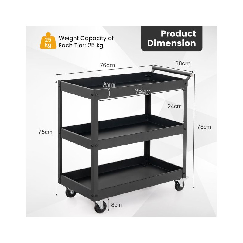 Uilas 3 Shelf Rolling Metal Utility Cart with Ergonomic Handle ...