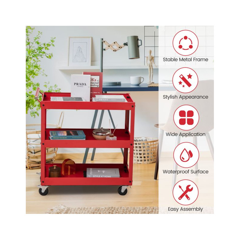 Uilas 3 Shelf Rolling Metal Utility Cart with Ergonomic Handle ...